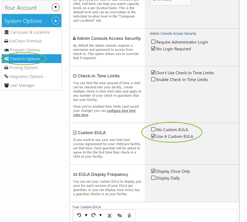 Custom Guardian Check-in Agreements (EULA) - KidCheck