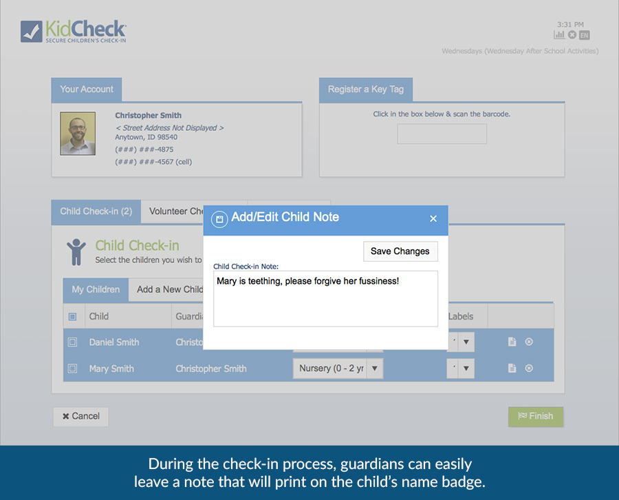 Children's Check-in Software Screenshots - www.kidcheck.com